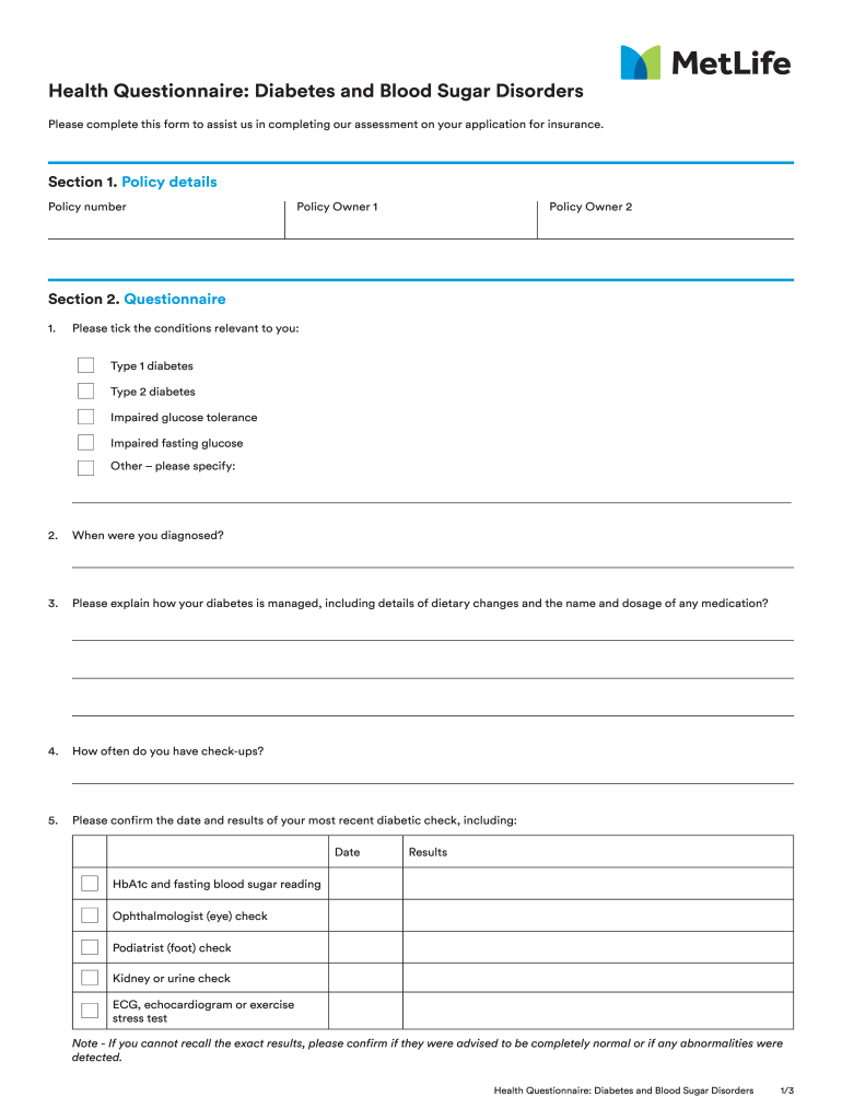 Fillable Online Health Questionnaire: Diabetes and Blood Sugar ...