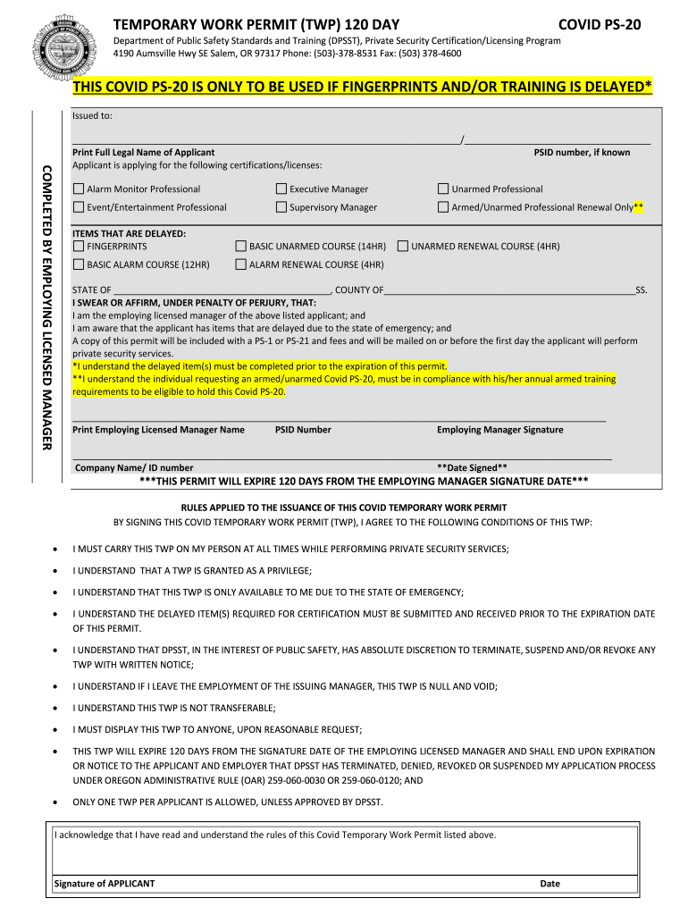Fillable Online TEMPORARY WORK PERMIT (TWP) 120 DAY COVID PS-20 THIS ...