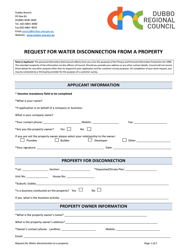 Fillable Online REQUEST FOR WATER DISCONNECTION FROM A PROPERTY Fax ...