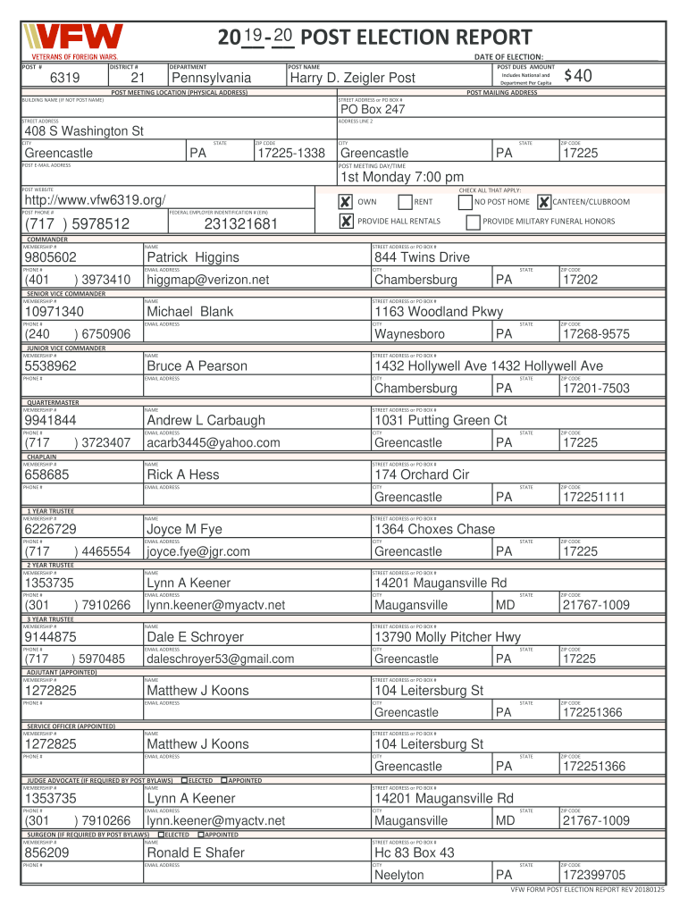 Fillable Online 20 19 20 POST ELECTION REPORT - vfwpadistrict21.org Fax ...