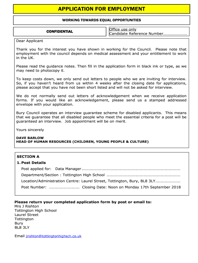 Fillable Online APPLICATION FOR EMPLOYMENT Equal Opportunity Employer ...