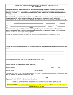 Fillable Online REQUEST FOR MEDICAL DISQUALIFICATION OR POSTPONEMENT FROM JURY SERVICE Fax Email ...