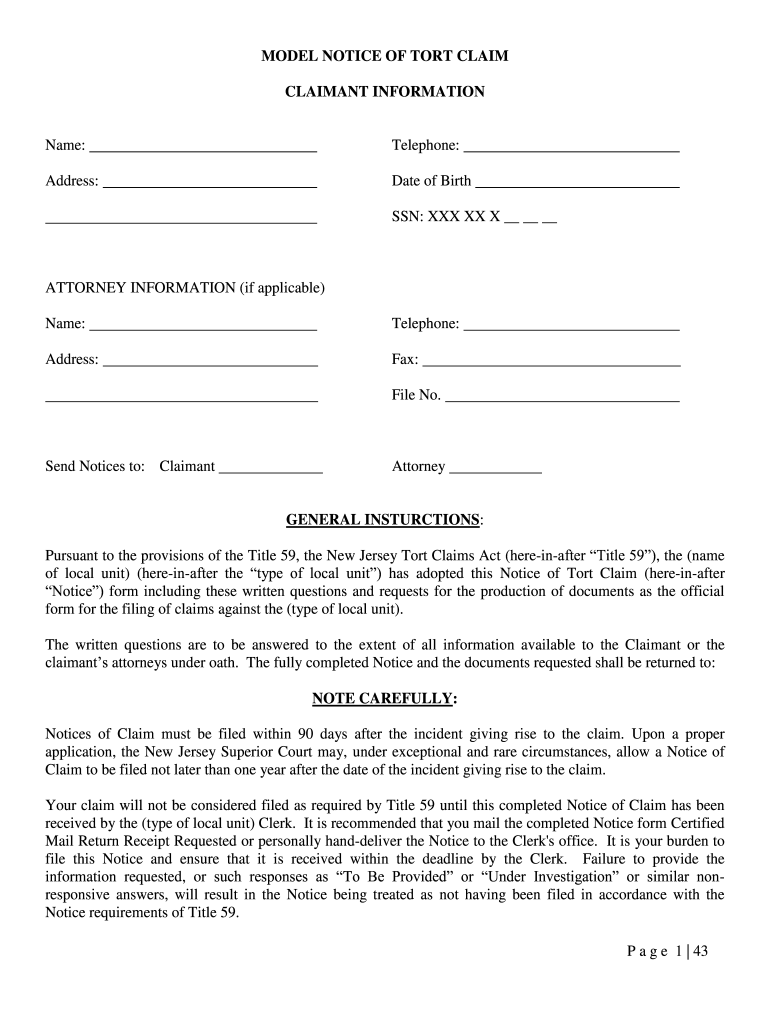Fillable Online MODEL NOTICE OF TORT CLAIM Fax Email Print - pdfFiller