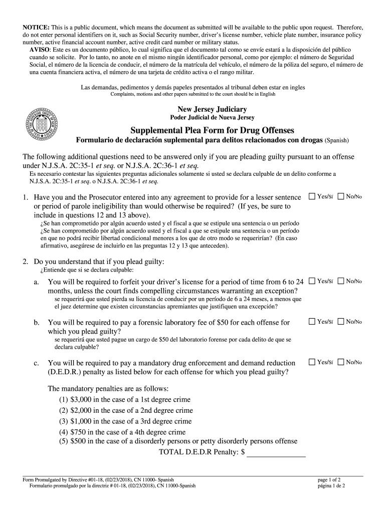 Fillable Online Supplemental Plea Form for Drug Offenses ... - NJ ...