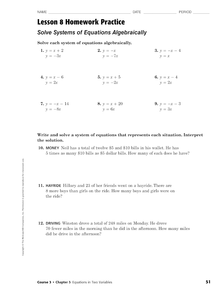Lesson 8 Homework Practice Solve Systems Of Equations Algebraically ...
