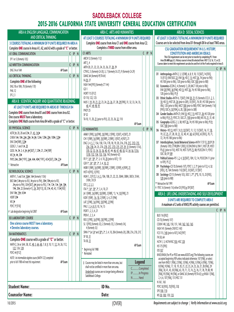 Fillable Online 2015-2016 CALIFORNIA STATE UNIVERSITY GENERAL EDUCATION ...