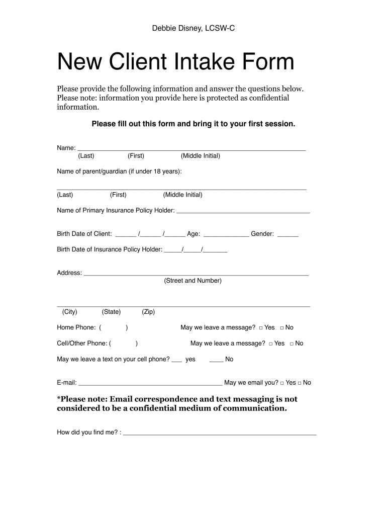 Fillable Online Debbie Disney, LCSW-C New Client Intake Form Fax Email ...