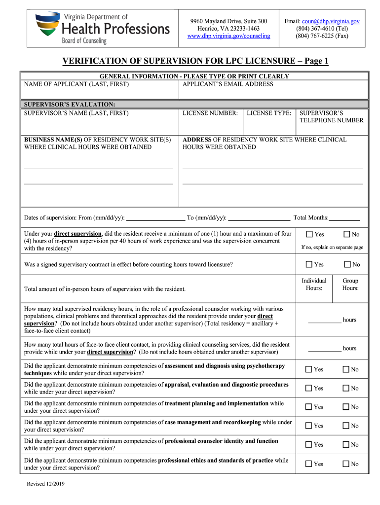 Fillable Online VERIFICATION OF SUPERVISION FOR LPC LICENSURE Page 1 ...