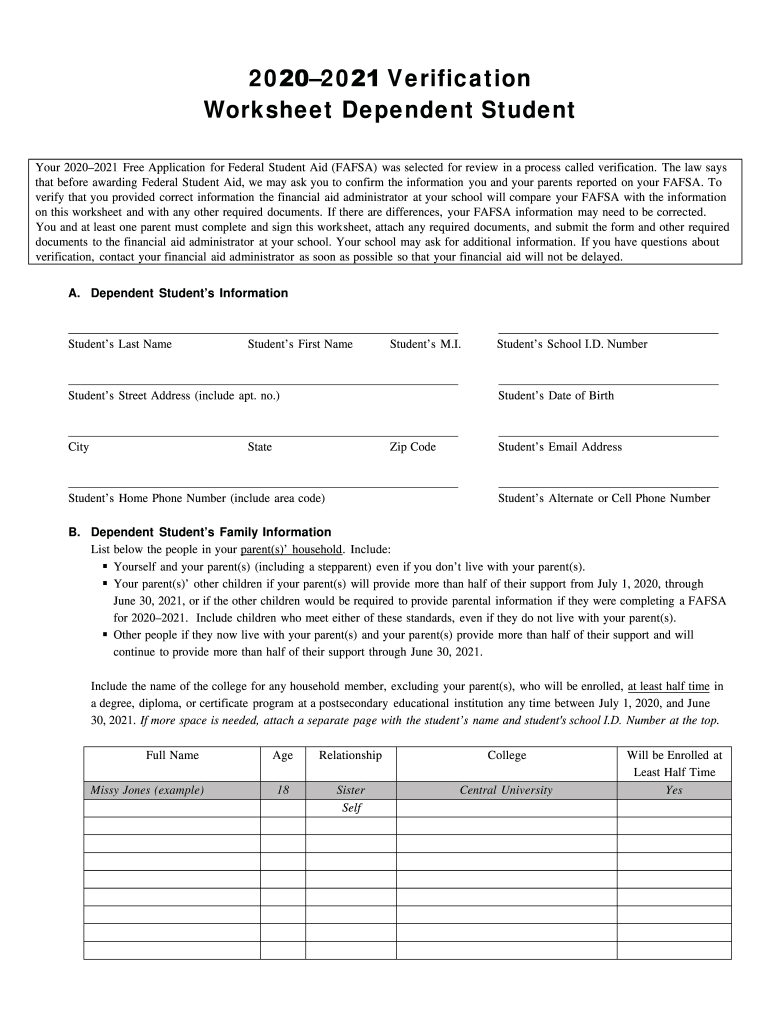 Fillable Online 20202021 Verification Worksheet for Dependent Student ... Fax Email Print ...