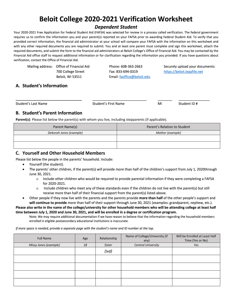 Fillable Online Beloit College 2020-2021 Verification Worksheet Fax ...