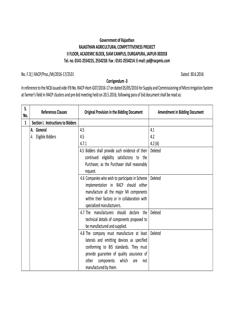 Fillable Online RAJASTHAN AGRICULTURAL COMPETITIVENESS PROJECT Fax Email Print - pdfFiller