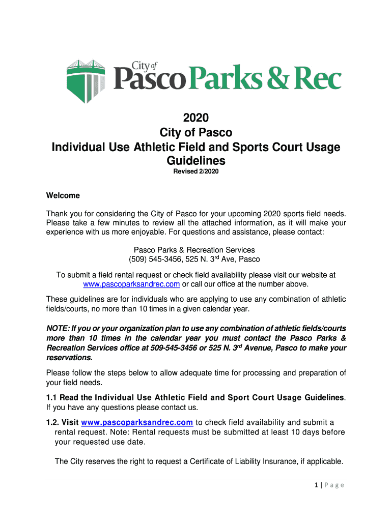 Fillable Online 2020 City of Pasco Individual Use Athletic Field and ...