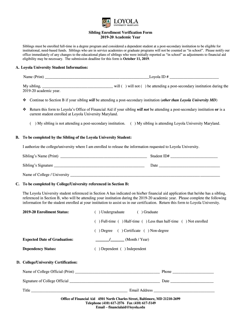 Fillable Online SIBLING ENROLLMENT VERIFICATION FORM - Tufts Student ...