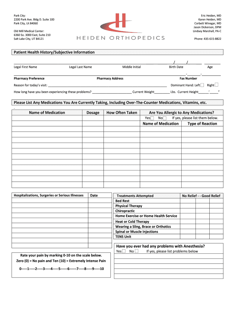 Fillable Online Park City: Eric Heiden, MD 2200 Park Ave. Bldg D. Suite ...