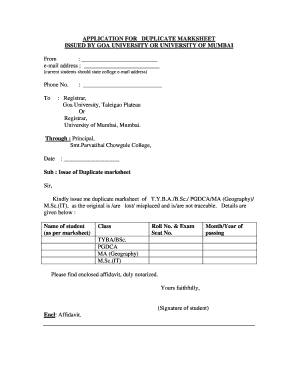 Fillable Online APPLICATION FOR ISSUE OF DUPLICATE MARKSHEET Fax Email Print - pdfFiller