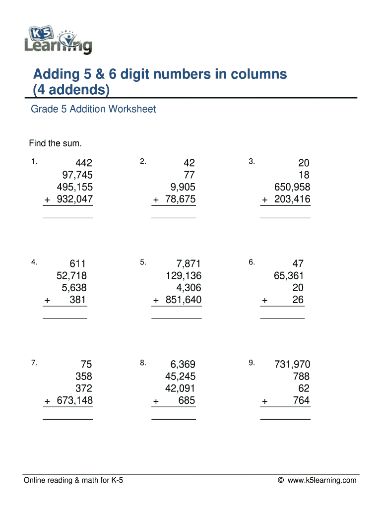 Fillable Online . Grade 5 Addition Worksheet Fax Email Print - pdfFiller