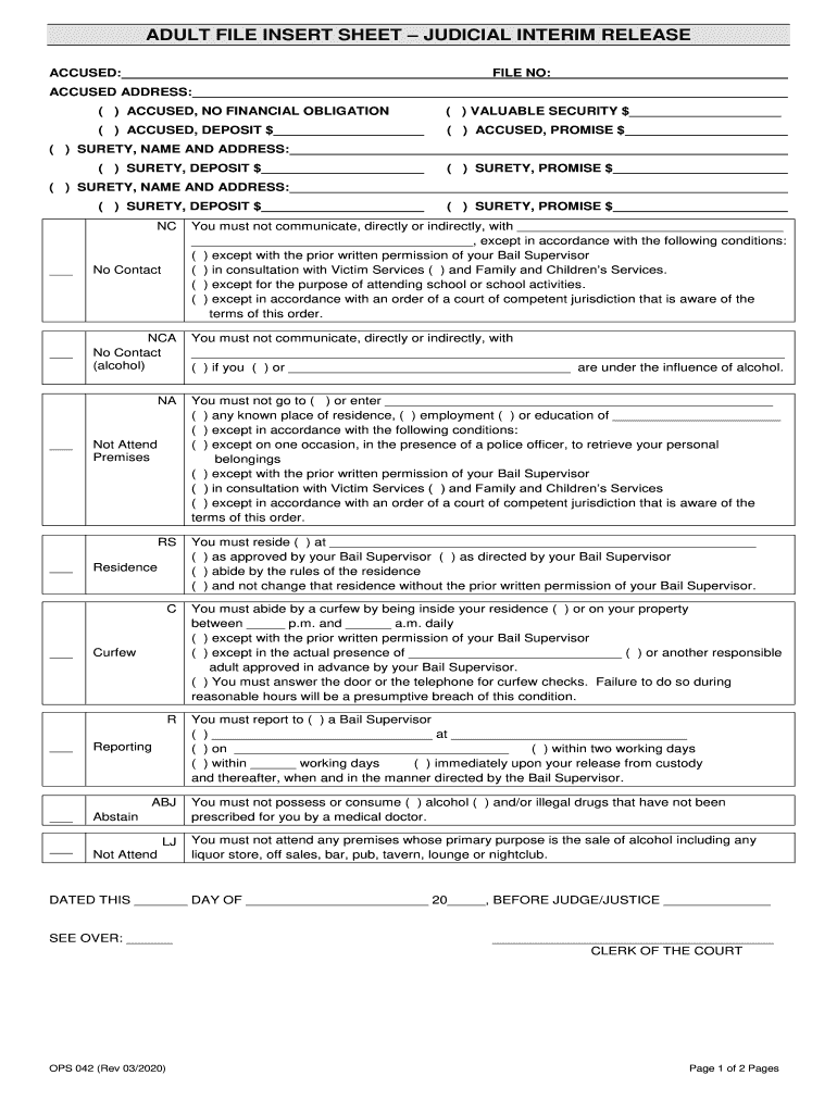 Fillable Online ADULT FILE INSERT SHEET JUDICIAL INTERIM RELEASE Fax ...