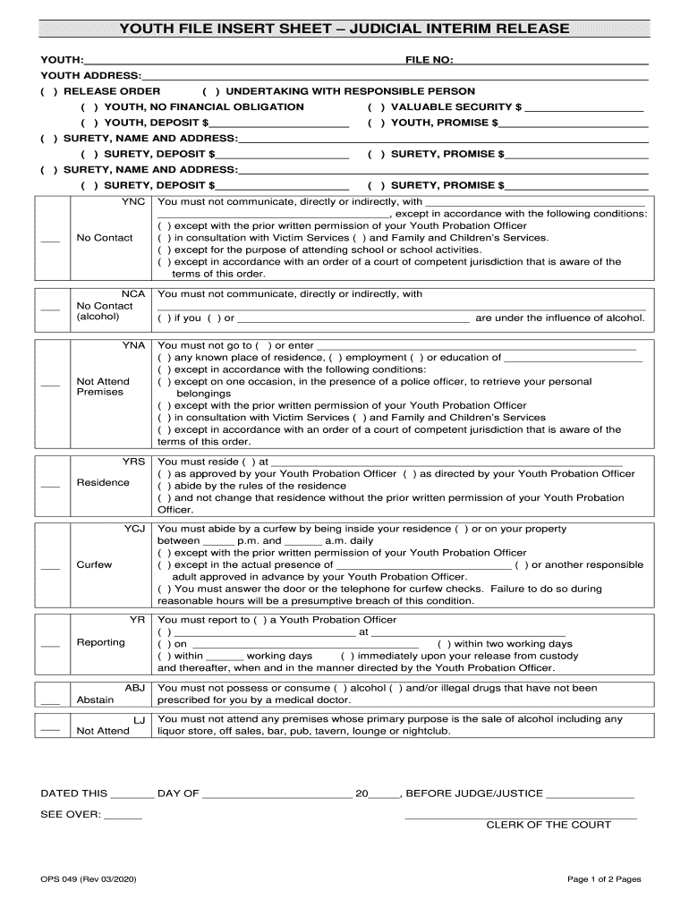 Fillable Online YOUTH FILE INSERT SHEET JUDICIAL INTERIM RELEASE Fax ...