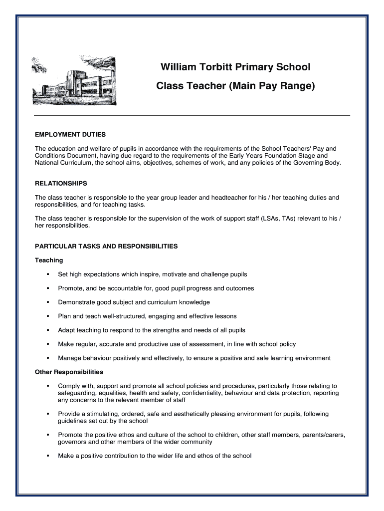 Fillable Online William Torbitt Primary School Class Teacher (Main Pay ...