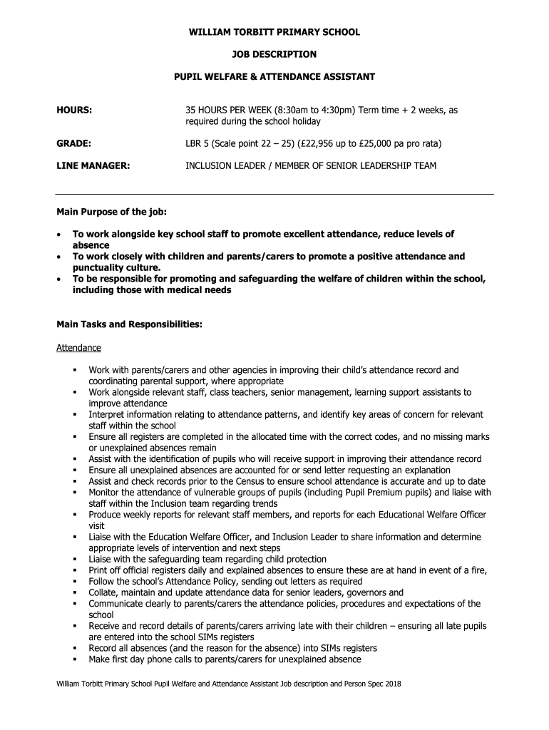 Fillable Online WILLIAM TORBITT PRIMARY SCHOOL JOB DESCRIPTION PUPIL ...