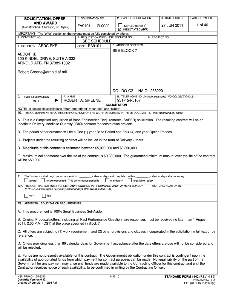 Fillable Online SOLICITATION, OFFER, AND AWARD FA9101-11-R-0020 27 JUN ... Fax Email Print ...