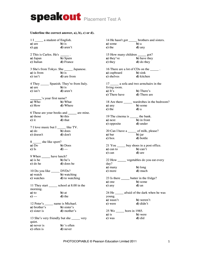 Speakout Placement Test Pdf - Fill Online, Printable, Fillable, Blank ...