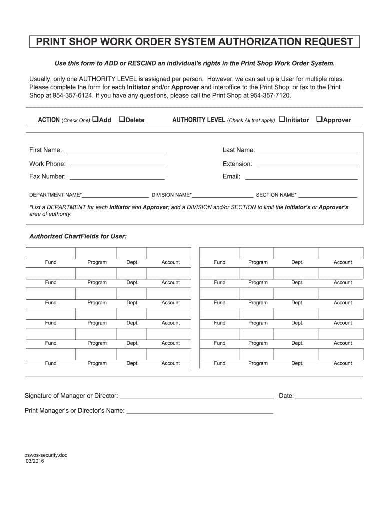 Fillable Online Print Shop Work Order System Authorization Request ...
