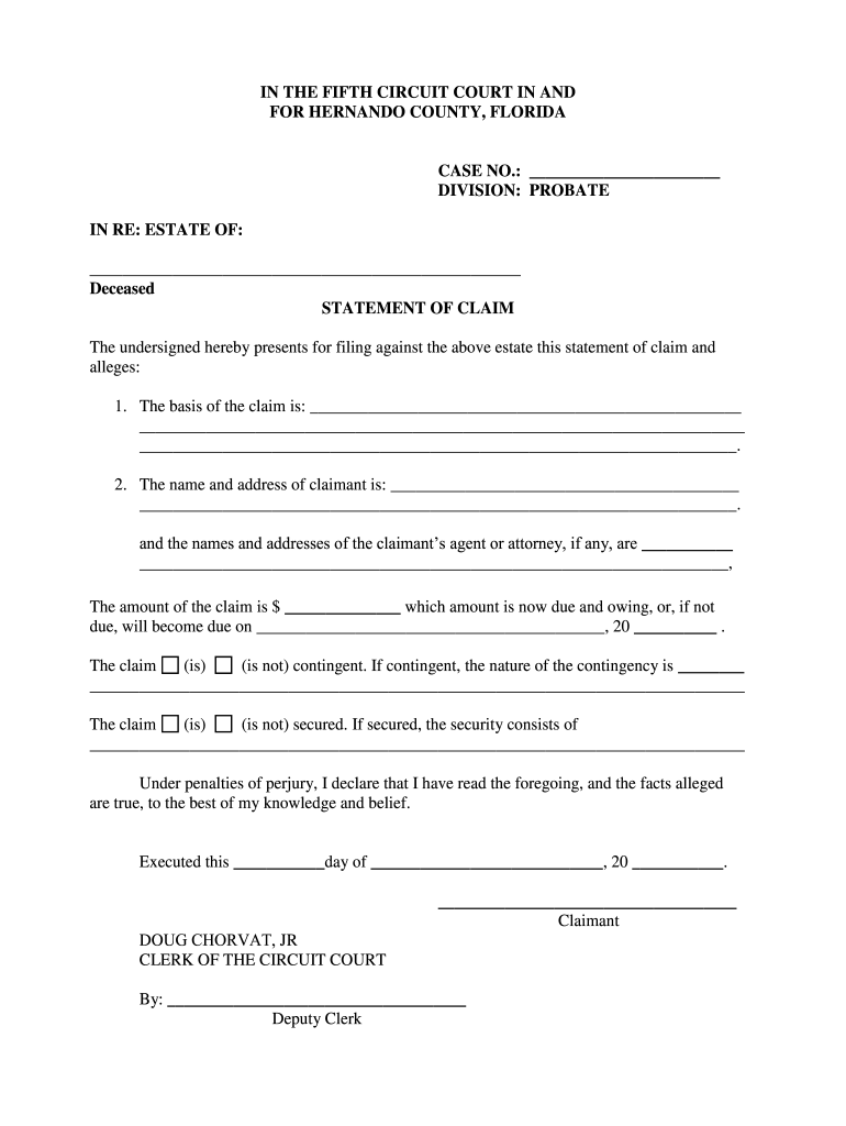 Fillable Online Statement of Claim - Probate - Hernando Clerk of Court ...