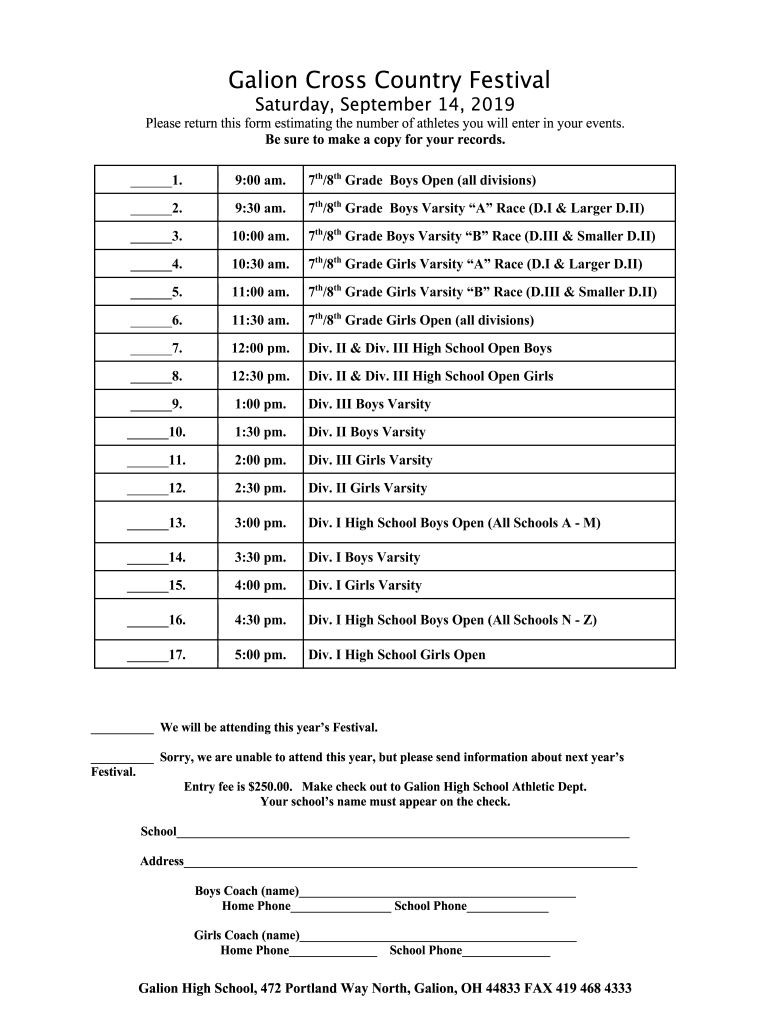 Fillable Online Galion Cross Country Festival - Galion High School Fax ...