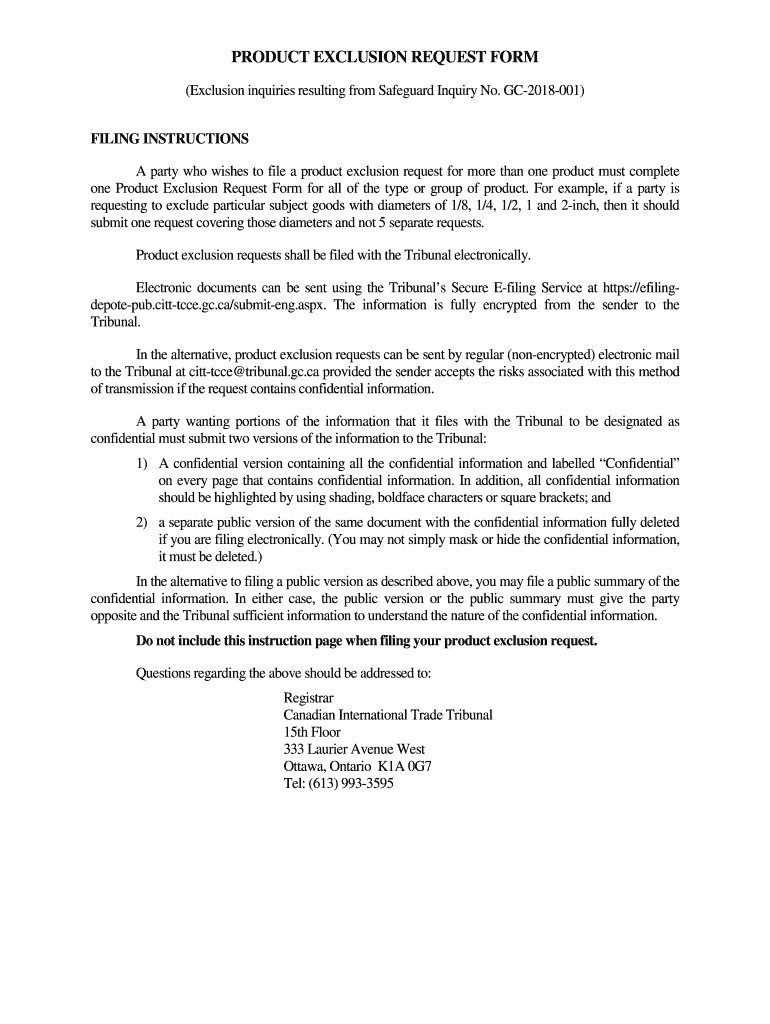 Fillable Online PRODUCT EXCLUSION REQUEST FORM - CITT Fax Email Print ...