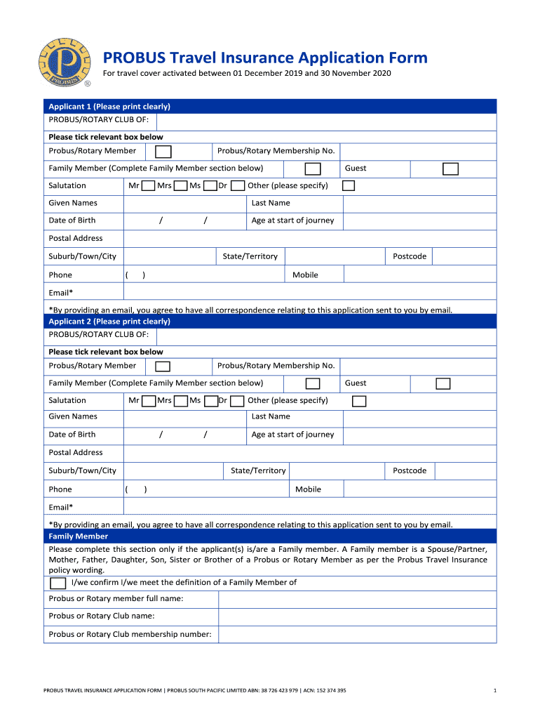 Fillable Online PROBUS Travel Insurance Application Form Fax Email ...