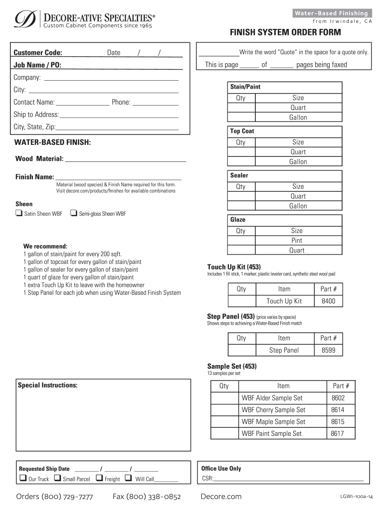Fillable Online FINISH SYSTEM ORDER FORM Fax Email Print - pdfFiller