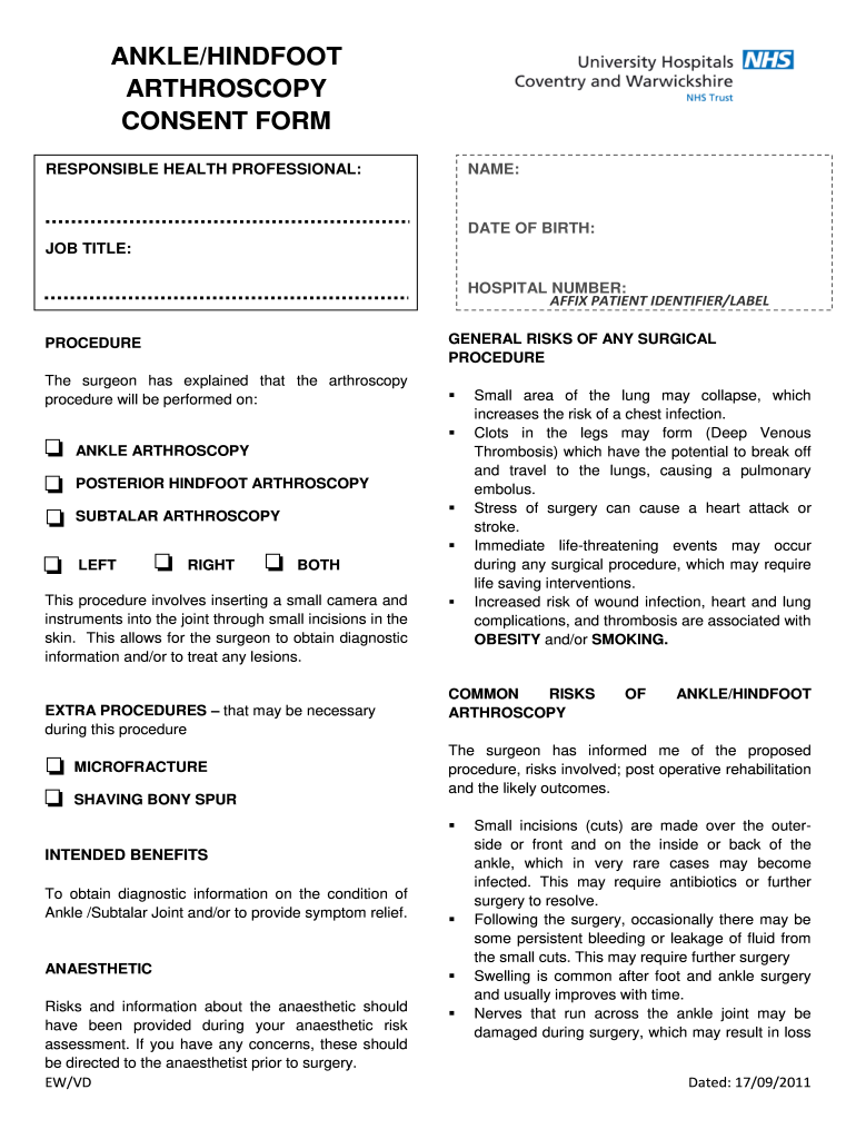 Fillable Online ANKLE/HINDFOOT FUSION CONSENT FORM Fax Email Print ...