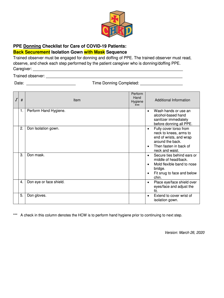 Fillable Online PPE Donning Checklist for Care of COVID-19 Patients ...