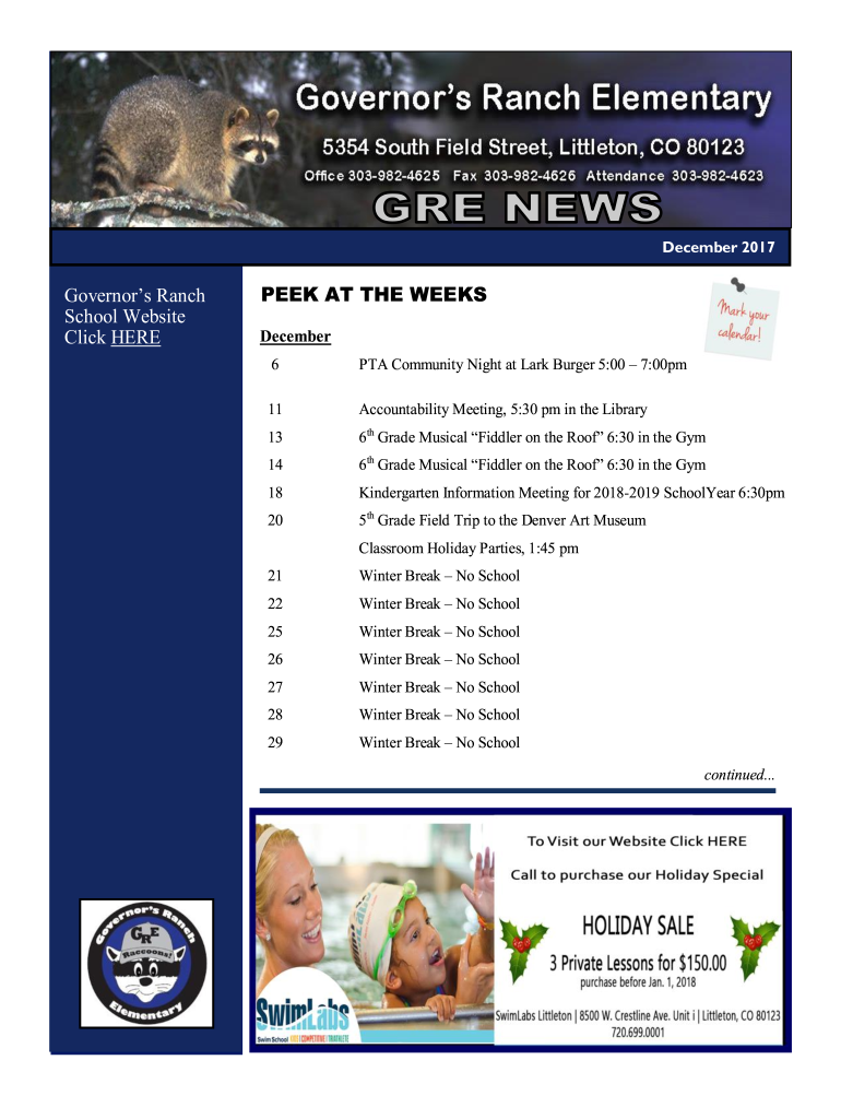 Fillable Online PEEK AT THE WEEKS Governor's Ranch School Website ...