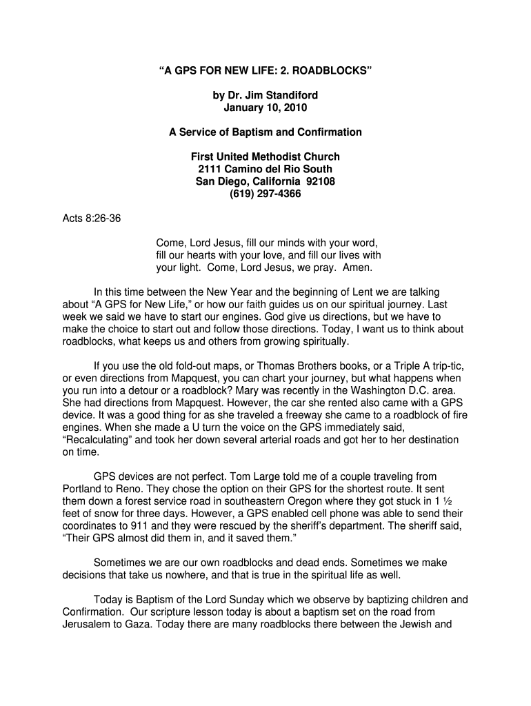 Fillable Online A GPS FOR NEW LIFE: 2. ROADBLOCKS by Dr. Jim Standiford ...