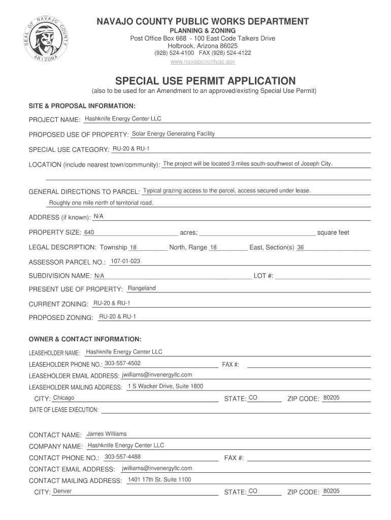 Fillable Online Hashknife Solar Energy Center Special Use Permit Fax ...