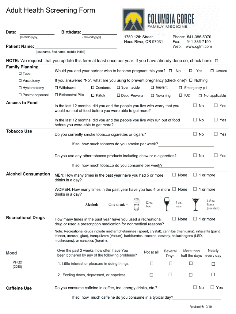 Fillable Online Adult Health Screening Form - Columbia Gorge Family ...