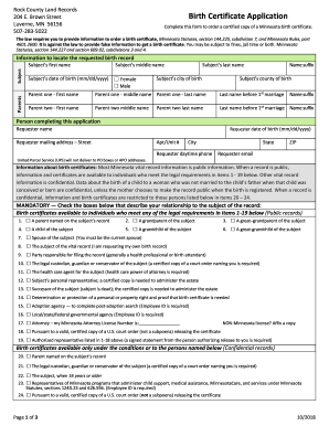 Fillable Online Birth Certificate Application - co.rock.mn.us Fax Email Print - pdfFiller
