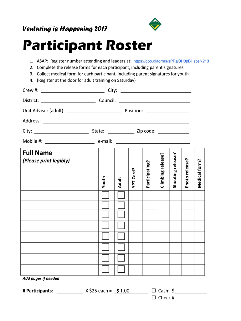 Fillable Online Participant Roster - Capitol Area Council Fax Email ...