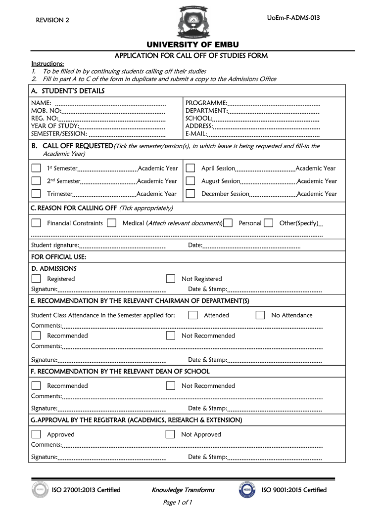 Fillable Online Application for Call Off Studies Form-Revision 2 ...