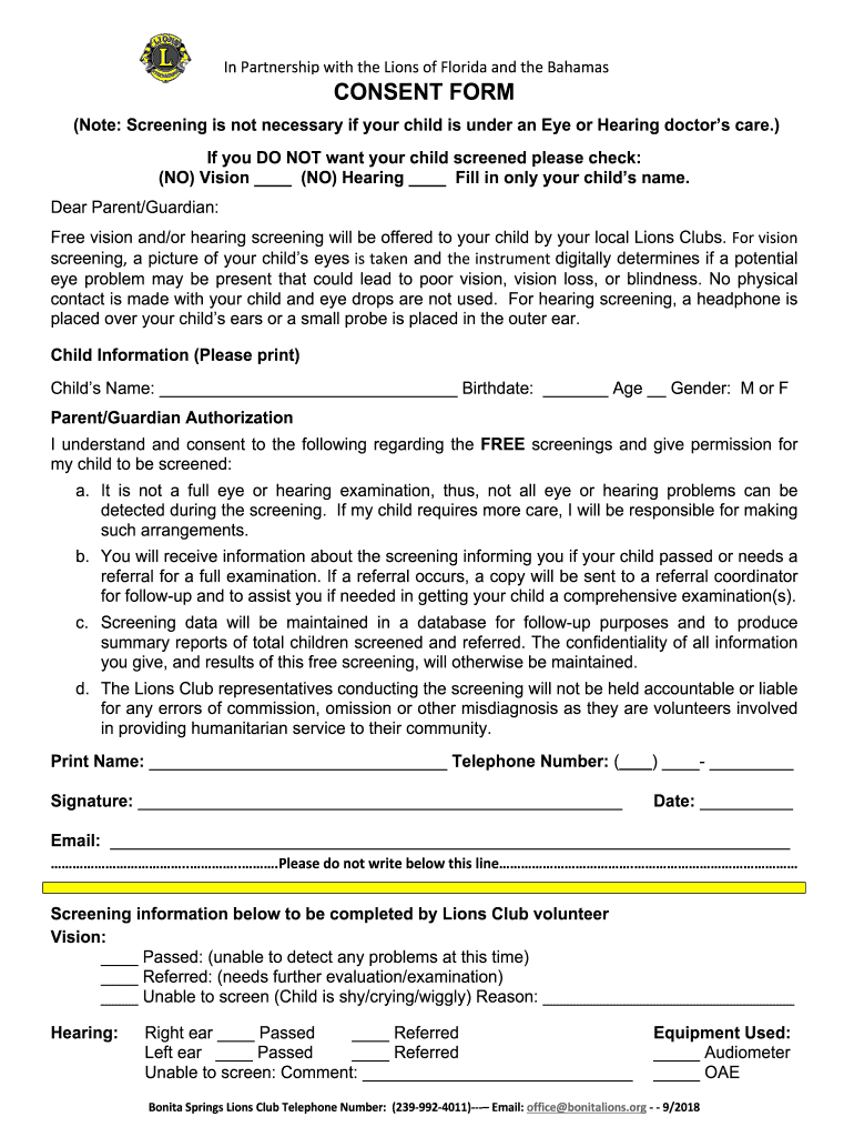 Fillable Online Screening Consent Vision and Hearing - English 2018 ...
