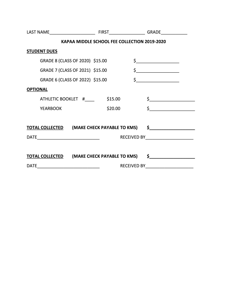 Fillable Online KAPAA MIDDLE SCHOOL FEE COLLECTION 2019-2020 STUDENT ...
