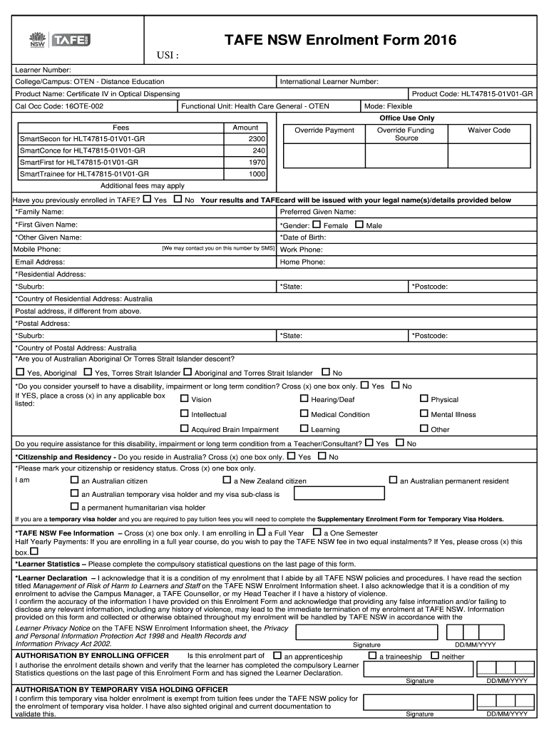 Fillable Online TAFECORR076-TAFE NSW Enrolment Form (new learners) Fax ...