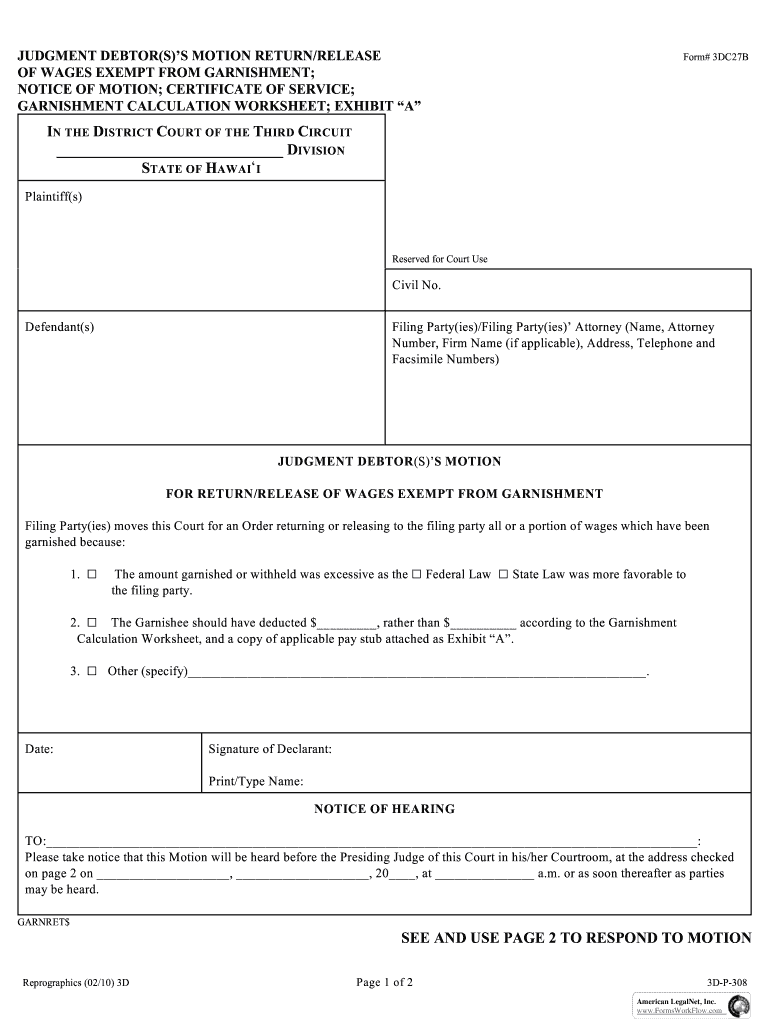 Fillable Online JUDGMENT DEBTOR(S)S MOTION RETURN/RELEASE Fax Email ...