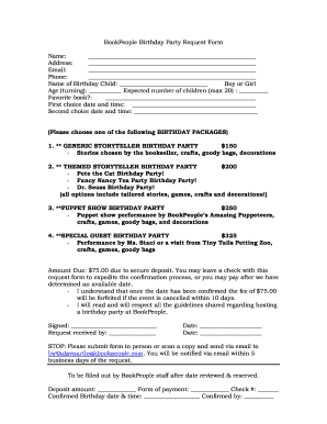 Fillable Online BookPeople Birthday Party Request Form Fax Email Print ...
