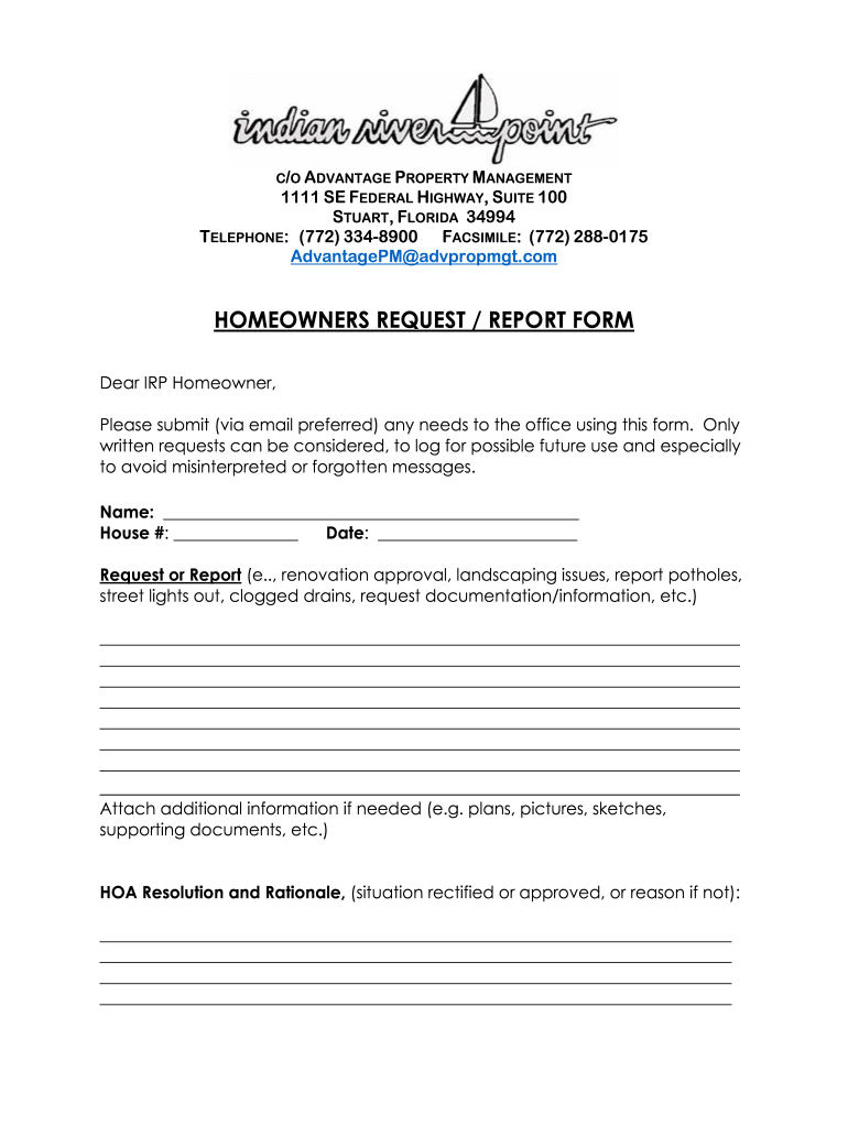 Fillable Online HOMEOWNERS REQUEST / REPORT FORM Fax Email Print ...