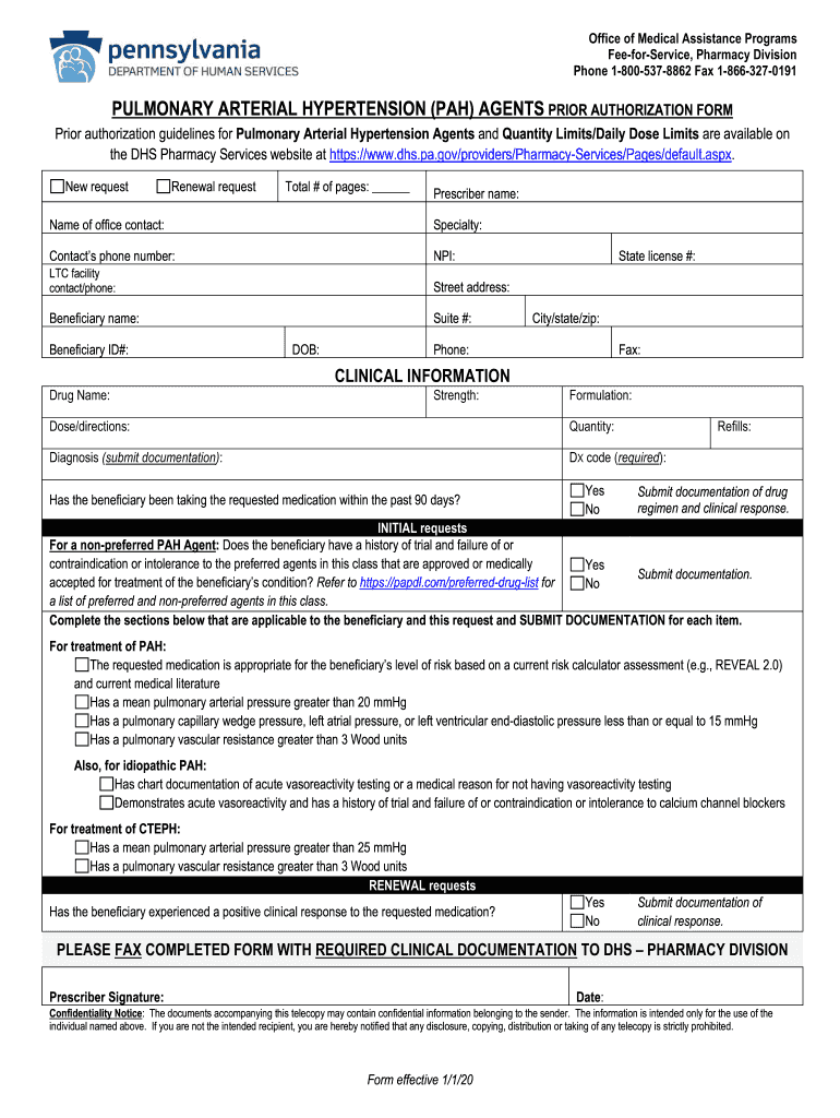 Fillable Online PULMONARY ARTERIAL HYPERTENSION (PAH) AGENTS PRIOR ...