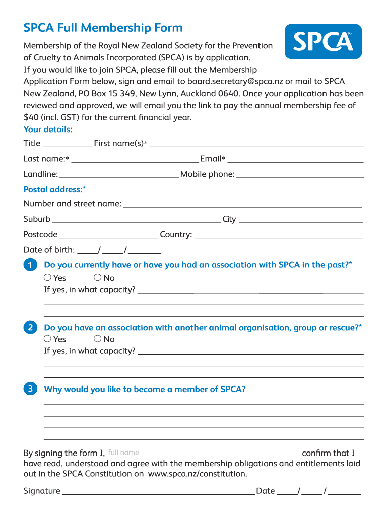 Fillable Online SPCA Full Membership Form Fax Email Print - pdfFiller