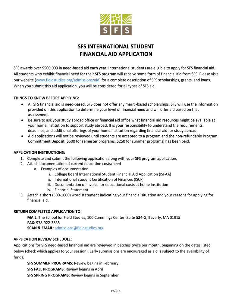 Fillable Online sfs international student financial aid application ...